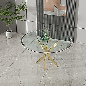 39" Round Dining Table, Glass Kitchen Dining Room Table for 4-6, Modern Circle Small Kitchen Table with 0.39" Tempered Glass Tabletop and Golden Stainless Steel Legs for Dinner Small Spaces