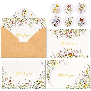 Crisky 4 Assorted Gold Foil WildFlowers Thank You Cards, (50 Cards with Envelopes for Birthday, Baby Shower, Bridal Shower, Wedding, All Occasion)
