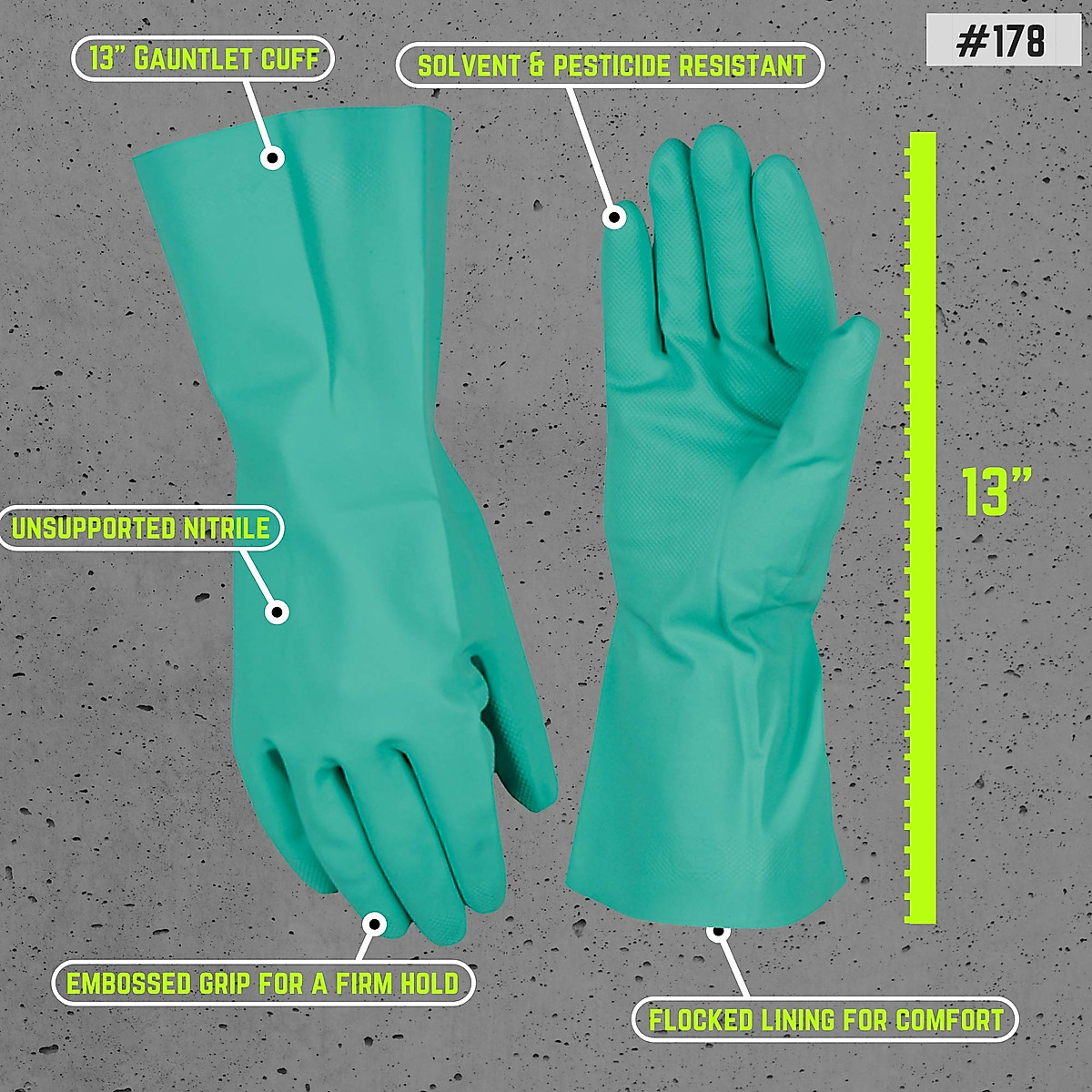 Chemical Resistant Nitrile Gloves, Solvent and Pesticide Resistant, Reusable, Large (Wells Lamont 178L) , Green