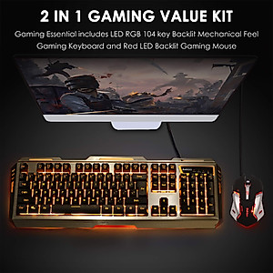White Gaming Keyboard Mouse Combo,Membrane Keyboard RGB Color Changing Lighted Keyboard,PC Keyboard Computer Backlight USB Keyboard,Wired Gaming Keyboard,Gold Metal Frame,for Xbox One PS4 Game Gamer