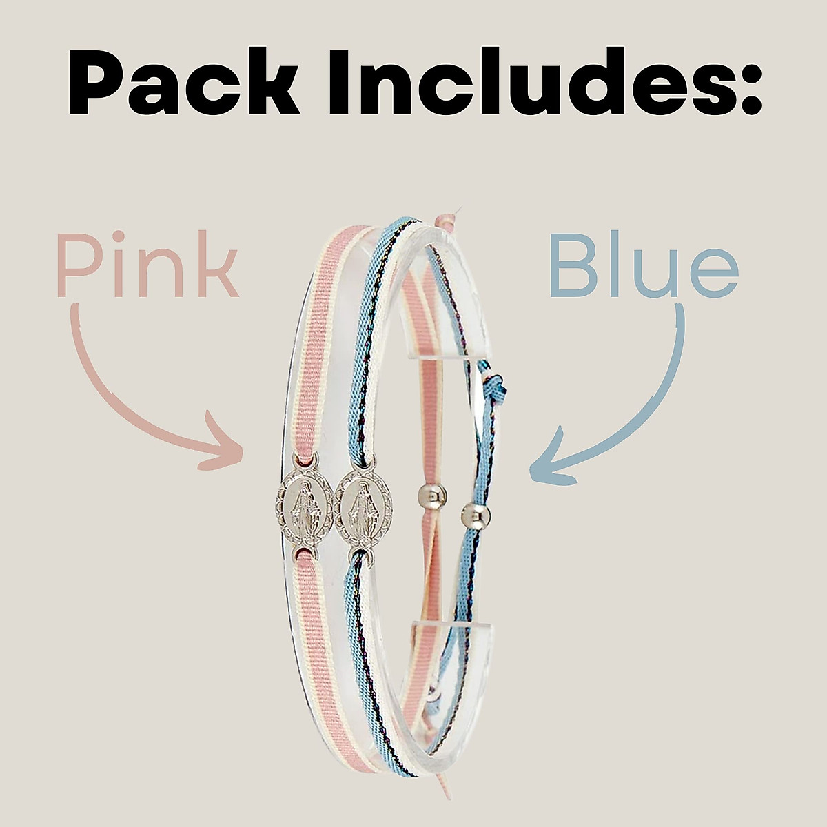 Needzo Miraculous Virgin Mary Adjustable Ribbon Bracelets, Pink and Blue Catholic Friendship Bracelets, Inspirational Gifts for Women, Pack of 12