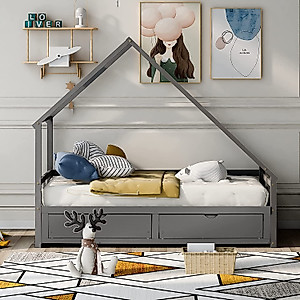 STP-Y Extending Daybed with Trundle Bed and Two Storage Drawers, Twin Size/King Size Solid Wood Daybed Frame, Wooden House Daybed for Teens Girls Boys, No Box Spring Needed, Easy Assembly, Grey