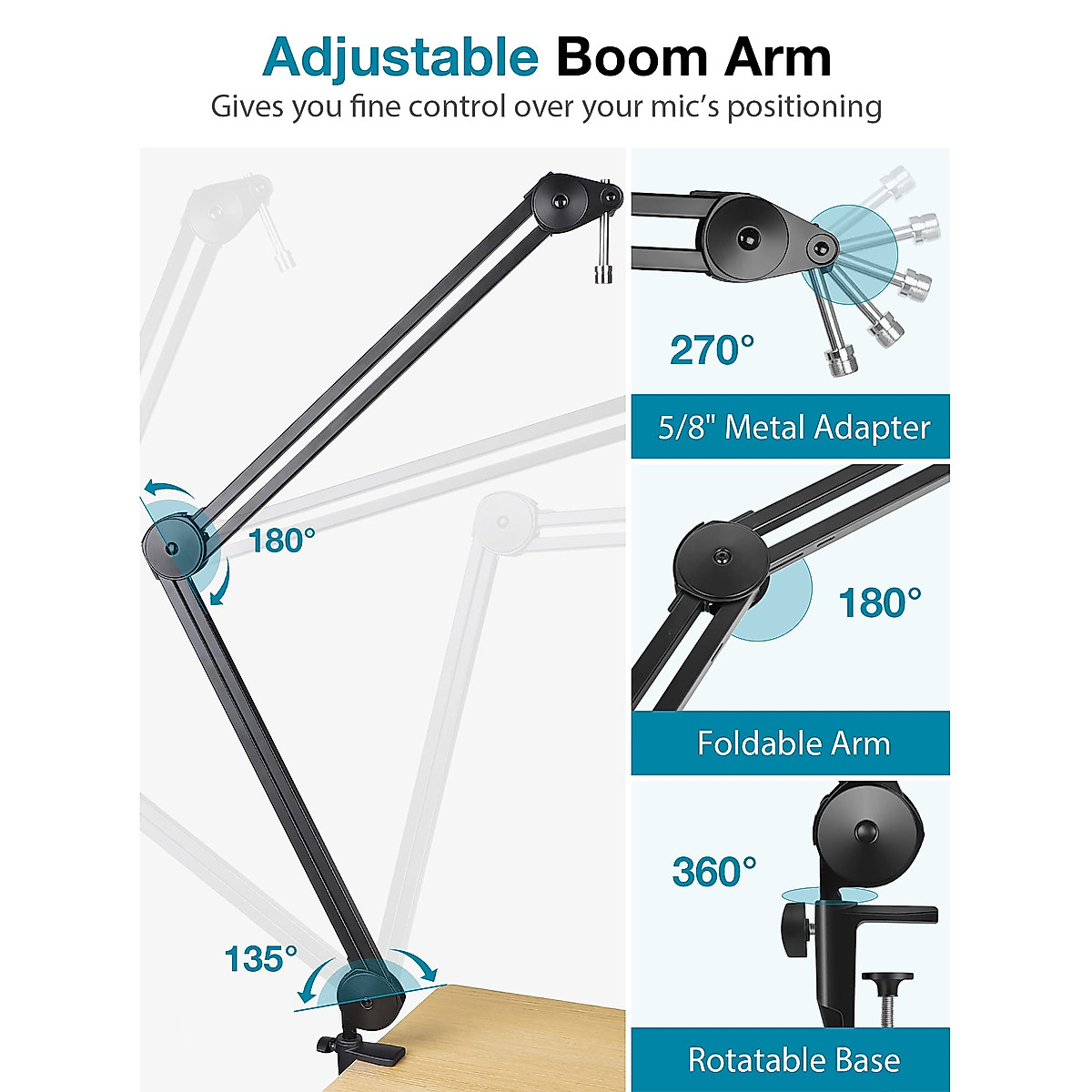 InnoGear Microphone Arm Stand, Heavy Duty Mic Arm Microphone Stand Suspension Scissor Boom Stands with Mic Clip and Cable Ties for Blue Yeti Snowball Hyper X QuadCast SoloCast Fifine Gaming(Large)