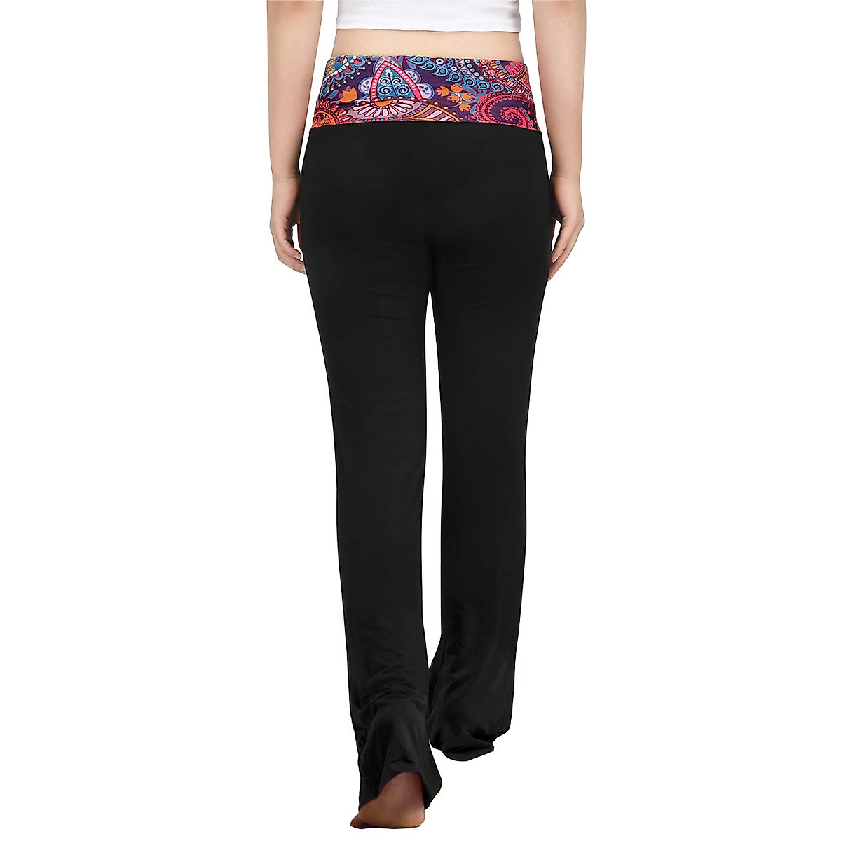 HDE Foldover Athletic Yoga Pants Gym Workout Leggings (Purple Paisley, Large)