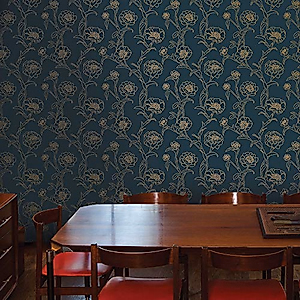 Tempaper Peacock Blue & Metallic Gold Peonies Removable Peel and Stick Floral Wallpaper, 20.5 in X 16.5 ft, Made in the USA