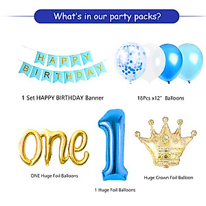 FVABO 1st Birthday Decorations Boy - First Birthday Baby Boy Decorations Include Balloon Box, Backdrop, Crown, Banner, High Chair Banner, Topper, For Baby First One Year Old Boy Party Supplies