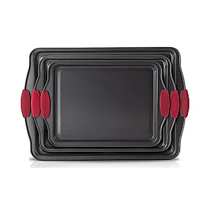 Eternal Living Non Stick Baking Pans Cookie Sheets for Baking with Red Silicone Handles 3pc Set Large, Black
