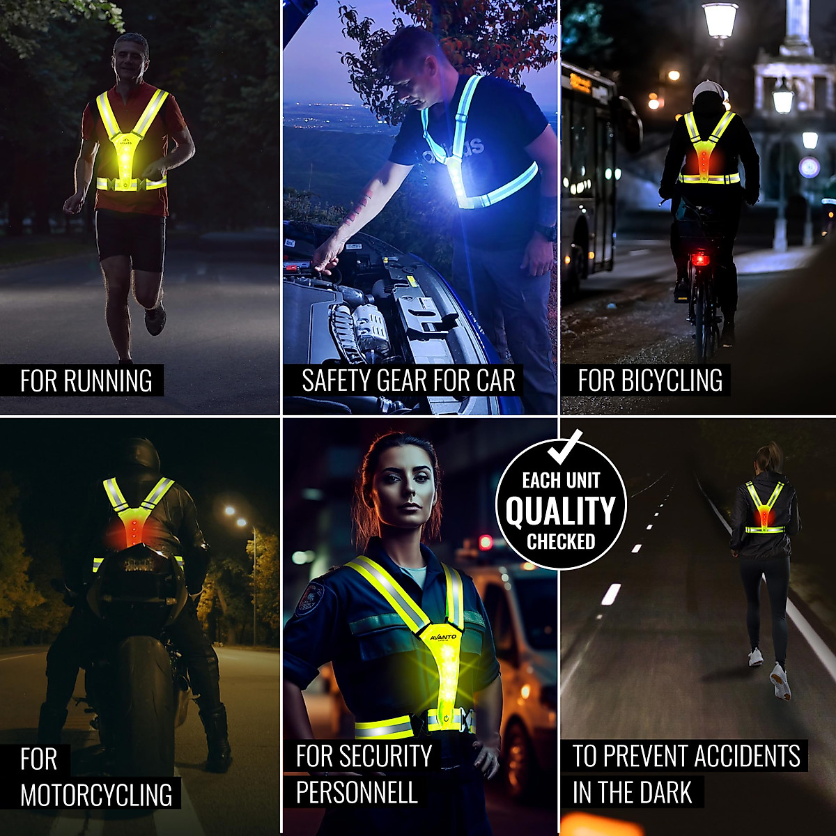 AVANTO LED Reflective Vest, Original, USB-C, High Visibility Safety Vest, Reflective Gear with Free Safety Courses, Running Lights for Runners, Dog Walking, Biking, Motorcycle, Driver