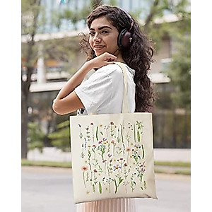 AUSVKAI Canvas Tote Bag Aesthetic for Women, Cute Trendy Wildflowers Reusable Cloth Cotton Bags with Handle for Grocery School Shopping Beach