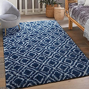 Guucha Soft Plush Fluffy Carpets, 5'x8' Fluffy Rugs, Geometric Moroccan Shaggy Rugs for Living Room Bedroom Nursery Room Kids' Room, White/Blue