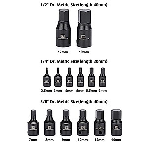 MIXPOWER 14-Piece Dr. Bit Socket Set, 2.5mm to 19mm, 1/4", 3/8" and 1/2" Drive, Cr-Mo Impact Grade, Metric, Hex Bit Socket