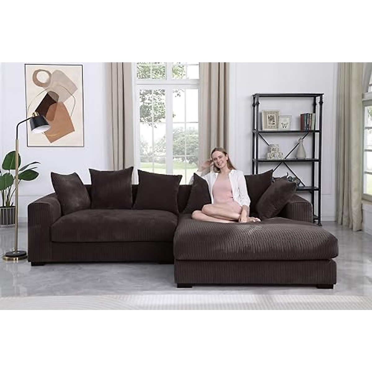 Oversized Two-Piece Right Facing Sectional Sofa Couches for Living Room, 109.75-Inch L Shaped Convertible Corduroy Upholstered Sofa&Couch with Left Chaise Daybed,Beige