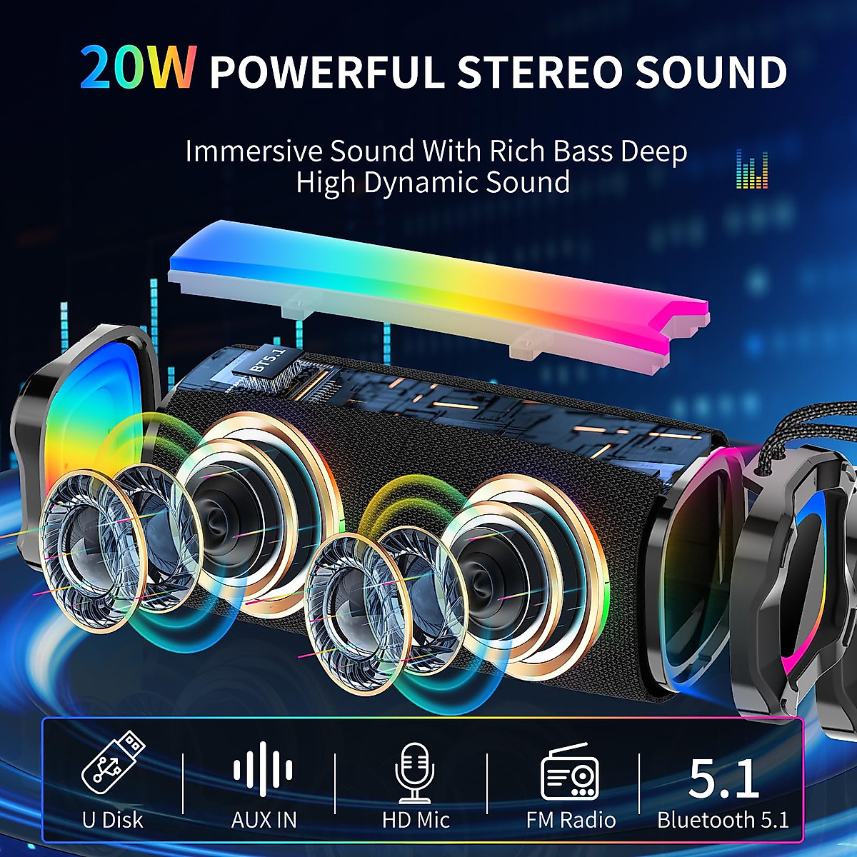 Portable Bluetooth Speaker, IP7 Waterproof Wireless Speaker with 20W Loud Stereo Sound, FM Radio, RGB Lights, Deep Bass, 100ft Bluetooth Range, BT5.1, Mic, AUX, Outdoor Speaker for Home, Travel