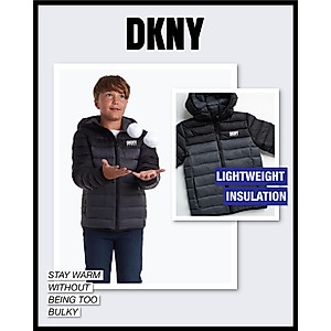 DKNY Boys Jacket – Midweight Insulated Quilted Outerwear Parka Puffer Coat – Water Resistant Boys Winter Hooded Jacket (8-20), Size 10-12, Charcoal/Black