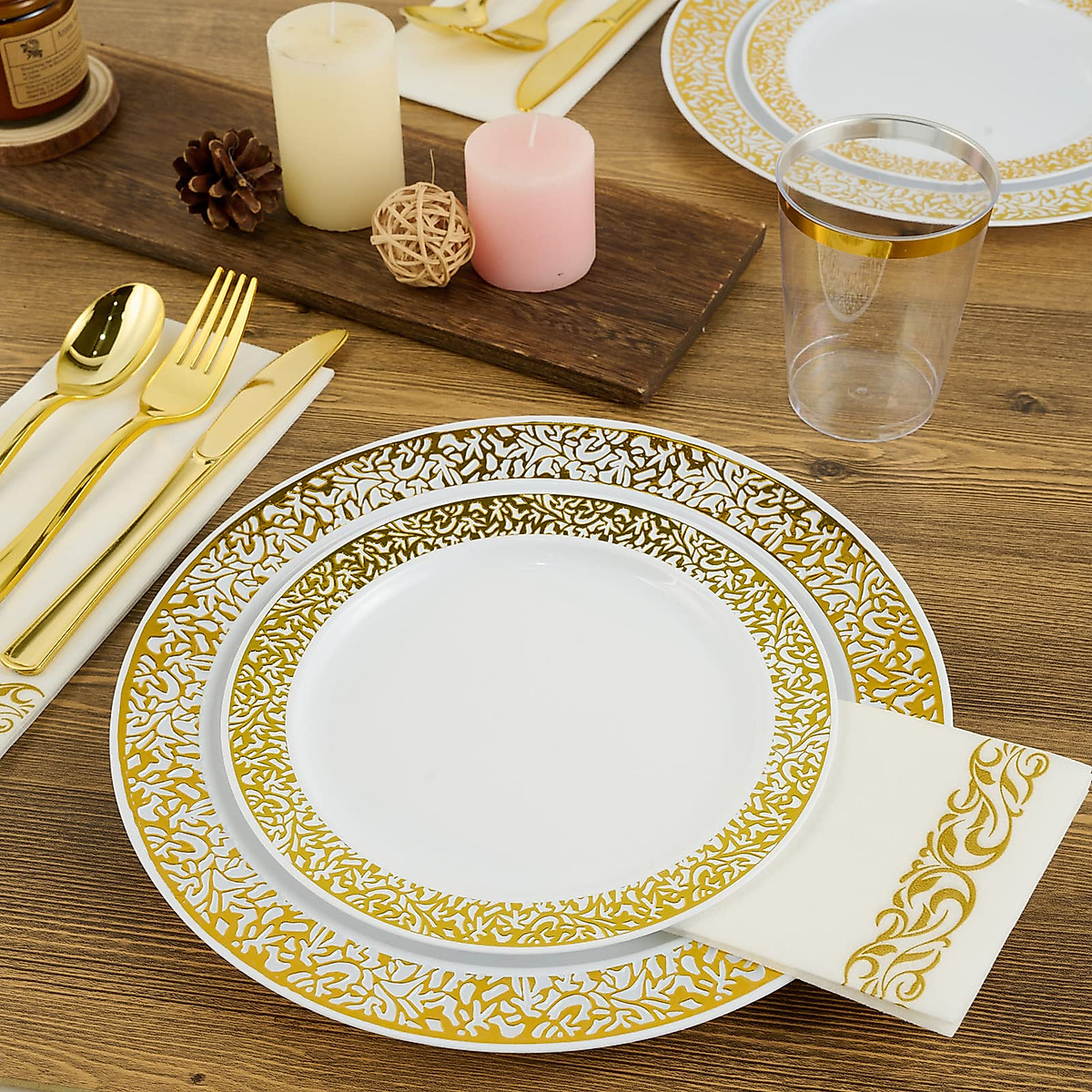 FOCUSLINE 175 Gold Dinnerware Set for 25 Guests, White Plastic Plates with Gold Lace Rim Design, Including 25 Disposable Dinner and Dessert Plates, 25 Silverware Set, 25 Cups, 25 Napkins