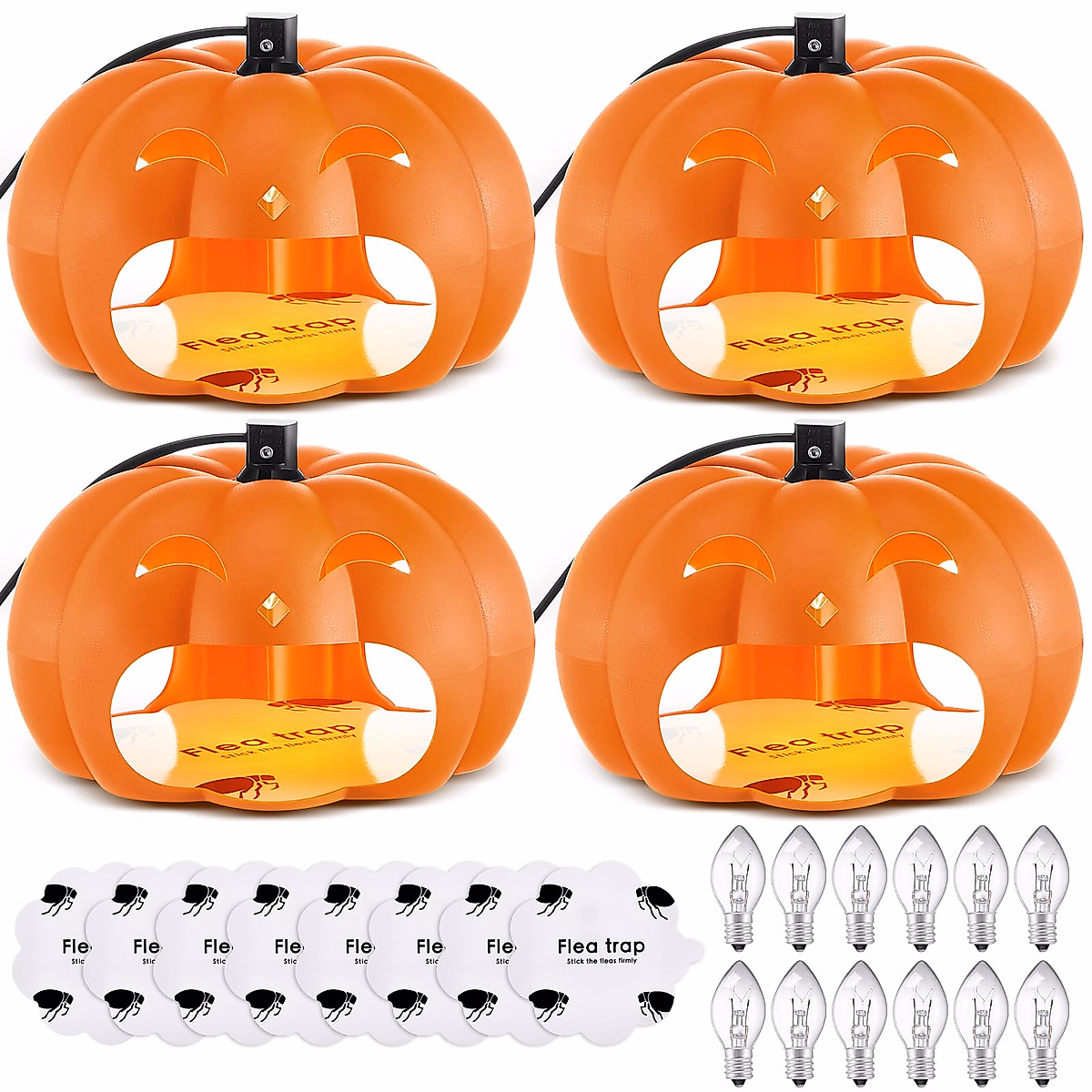 Qualirey 4 Pieces Flea Traps with 8 Sticky Disc 12 Bulbs 4 Electric Wires Pumpkin Flea Traps for Inside Your Home Safe Flea Light Trap for Indoor Safe to Pets