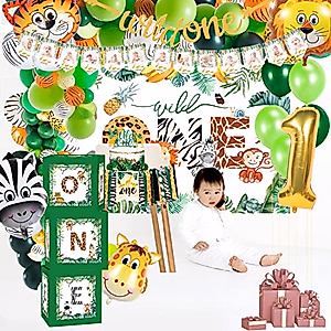 HIPEEWO Wild One Birthday Decorations - Jungle Theme Party Supplies for First Birthday, Balloons Garland Arch, High Chair Banner, Balloon Boxes, Backdrop, Crown, Animal Safari 1st Birthday Decorations
