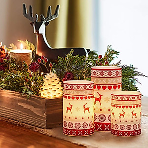 Wondise Flameless Pillar Candles Battery Operated with Timer, Real Wax LED Flickering Reindeer Decal for Christmas Home Decor, Set of 3(D3 x H4,5,6 Inch)