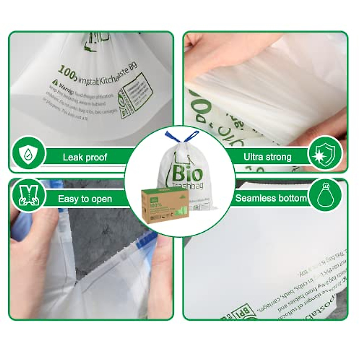 Compostable Drawstring Trash Bags Eco-Friendly, 8 Gallon Medium Garbage Bags Biodegradable,100 Count,100% Compost Bags for Kitchen,Bathroom, Bedroom, Office,US BPI and Europe OK Compost Home Certified