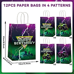 CHUNNIN 12Pcs Green Purple Monster Truck Party Paper Bags Monster Truck Birthday Gift Bags Supplies Racing Truck Theme Party Bags Monster Truck Party Candy Treat Bags for Kids Birthday Party Favor