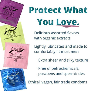 GLYDE Assorted Flavored Ultra Thin Condoms - 10 Count - Organic Flavor Extract, Ultra-Thin, Vegan, Non-Toxic, Medium Size Natural Rubber Latex, 53mm Yummy Standard Fit