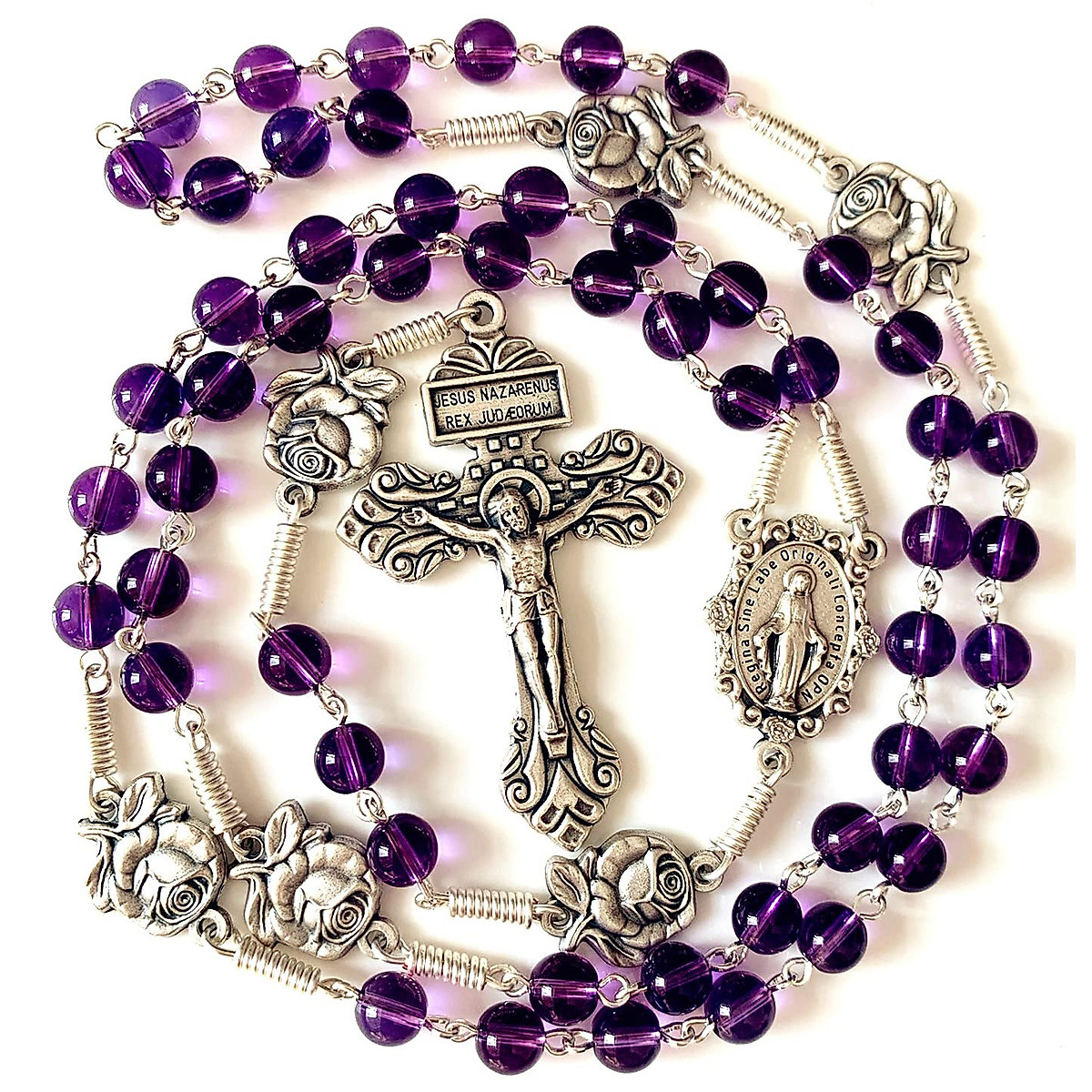 elegantmedical Handmade Catholic Amethyst Beads Our Lady of Grace Rosary Cross Crucifix Necklace Gift Box (Amethyst)