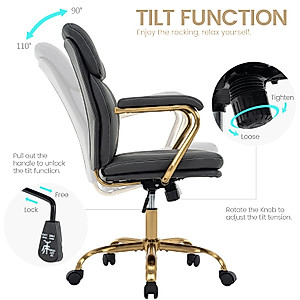 MFD LIVING Home Office Chair, Modern Upholstered Mid-Back PU Leather Task Desk Chair with Arms, Adjustable Rocking Swivel Computer Chair with Wheels (Dark Grey)