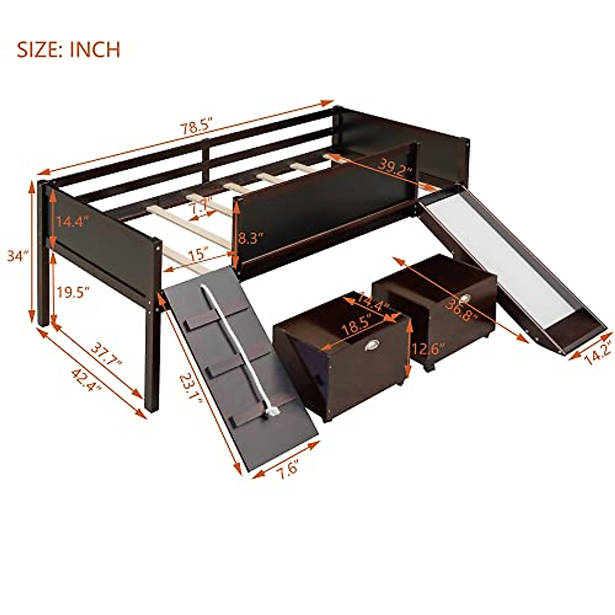 GINGVAT Twin Size Loft Bed with Two Storage Boxes, Wood Loft Bed with Climbing Frame, Slide and Guardrails，Multi-Functional，Espresso