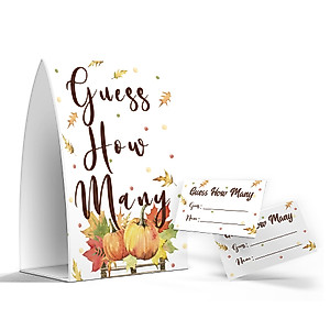 Guess How Many - Candy Guessing Game, Thanksgiving Party Games, 1 Sign and 50 Game Cards, Maple Leaf, Pumpkin, Baby Shower Games, Birthday Party -GH007