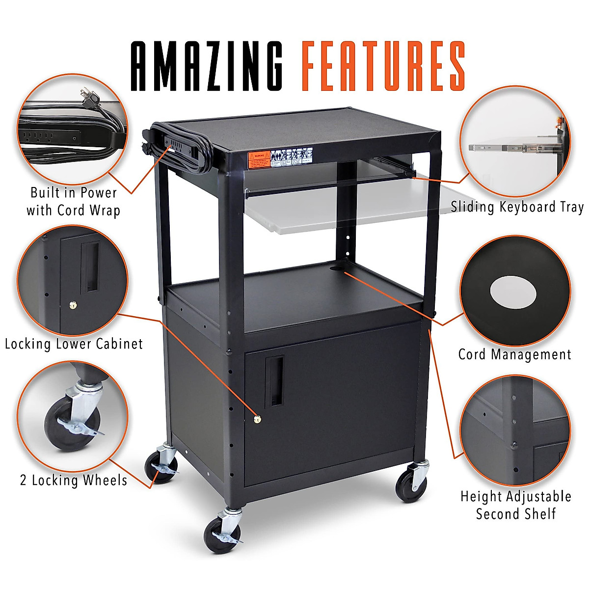 Line Leader AV Cart with Locking Cabinet | Height Adjustable Utility Cart with Extra Storage | Power Strip and Cord Management | Great for Presentations (Black / 24 x 18)