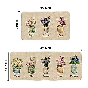 Artoid Mode Tulip Lavender Hydrangea Flowers Spring Kitchen Mats Set of 2, Home Decor Low-Profile Kitchen Rugs for Floor - 17x29 and 17x47 Inch