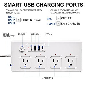 XENON Power Strips 40W, Surge Protector with 4 AC Outlets and USB A (QC 18W) + USB C (PD 40W), USB C Fast Charging, 5Ft Extension Cord, Overload Protection, for Home, Office, Travel