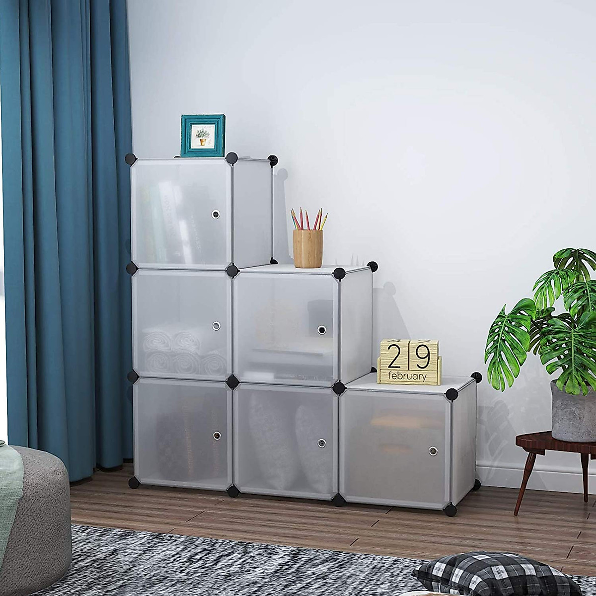C&AHOME Cube Storage Organizer with Doors, 6-Cube Closet Cabinet, DIY Plastic Modular Bookshelf, Ideal for Bedroom, Living Room, Office, 36.6" L x 12.4" W x 36.6" H Translucent White