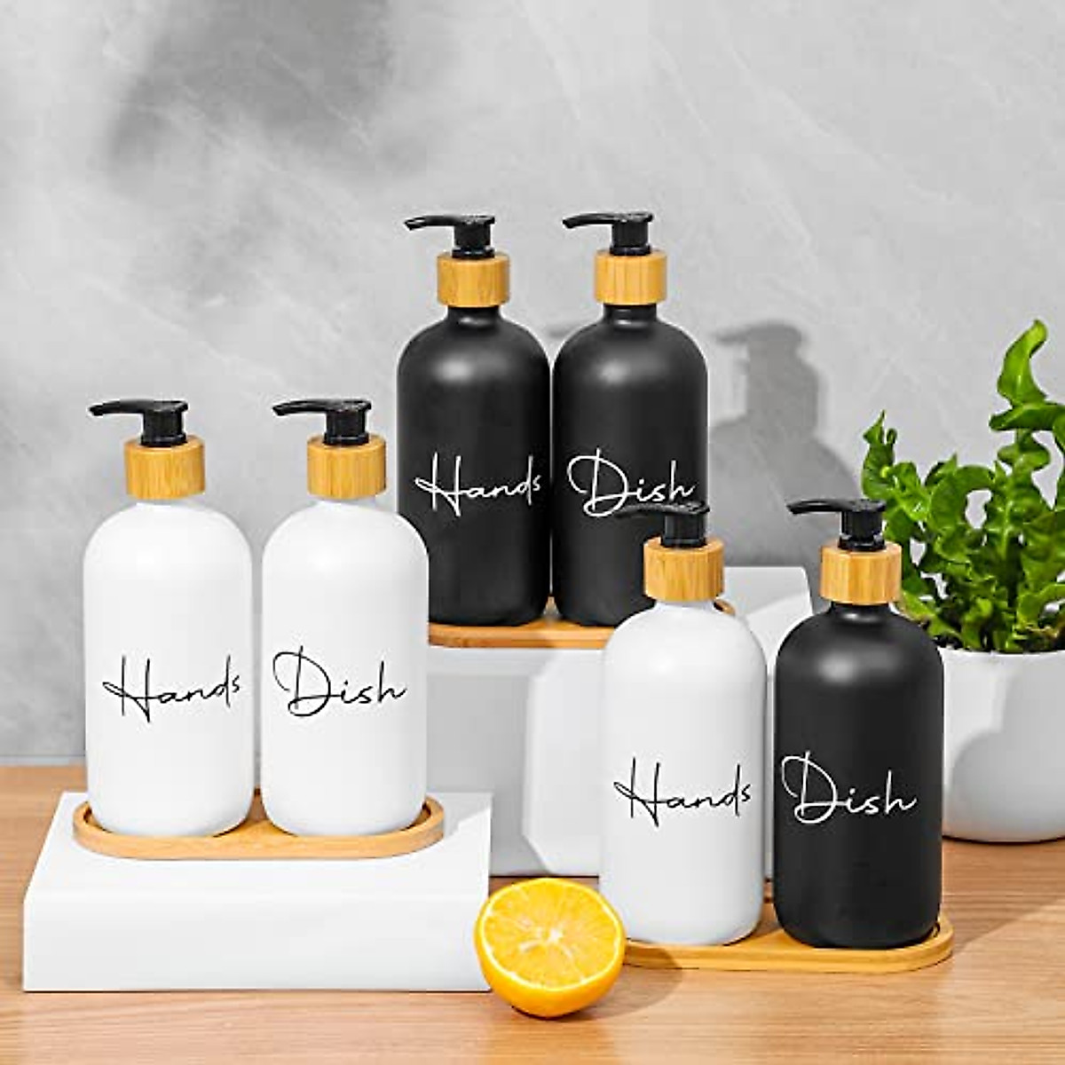 17 oz Hand Soap Dispenser Empty Glass Lotion Pump Bottles, Refillable Liquid Dish Soap Bottles for Bathroom Decor, Kitchen Sink, Matte Design and Wood Tray, Pack of 4