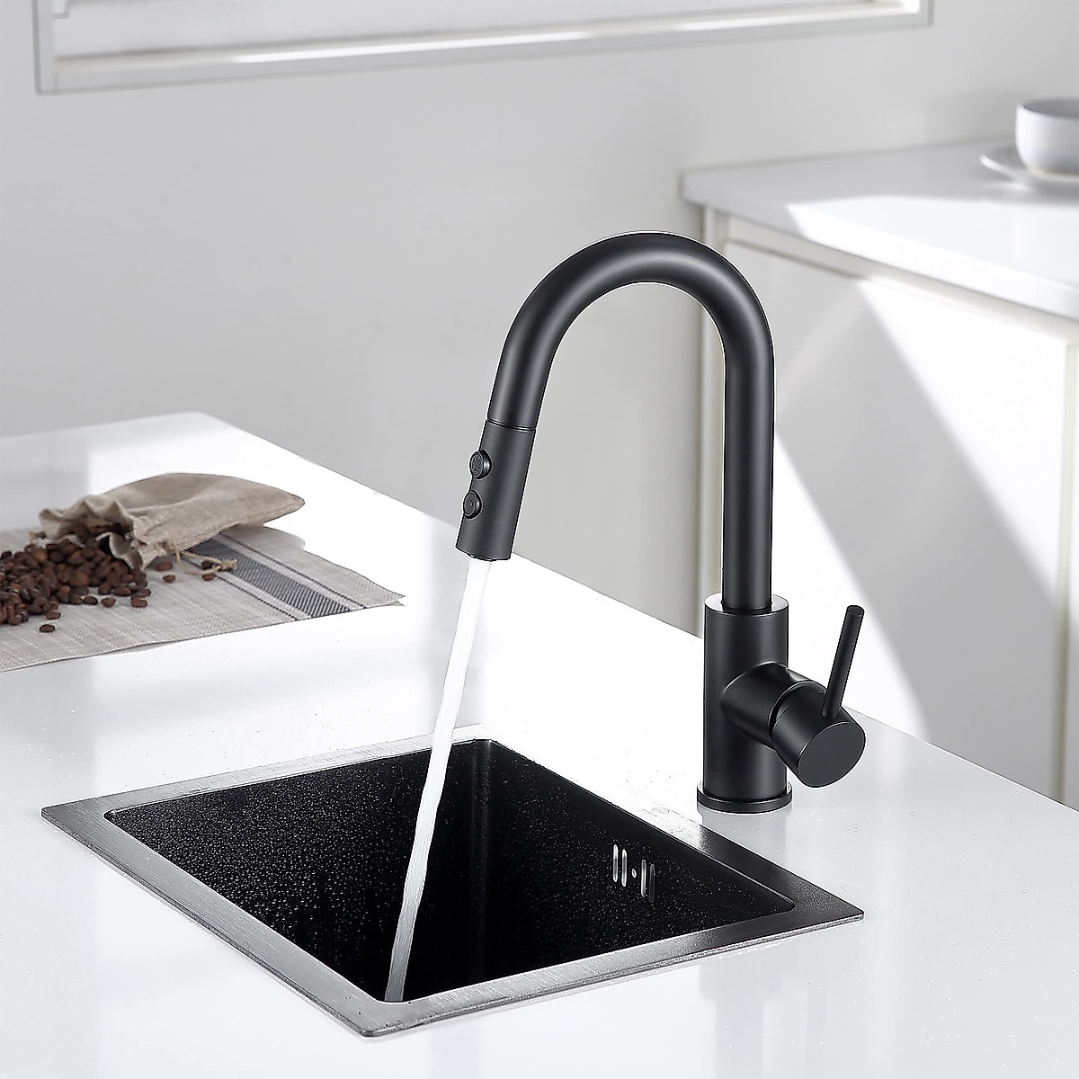 Bar Faucet with Pull Out Sprayer Single Hole Matte Black, JXMMP Single Handle Stainless Steel Bar Sink Faucets with Sprayer, Modern Small Kitchen Sink Faucet with cUPC Supply Hose