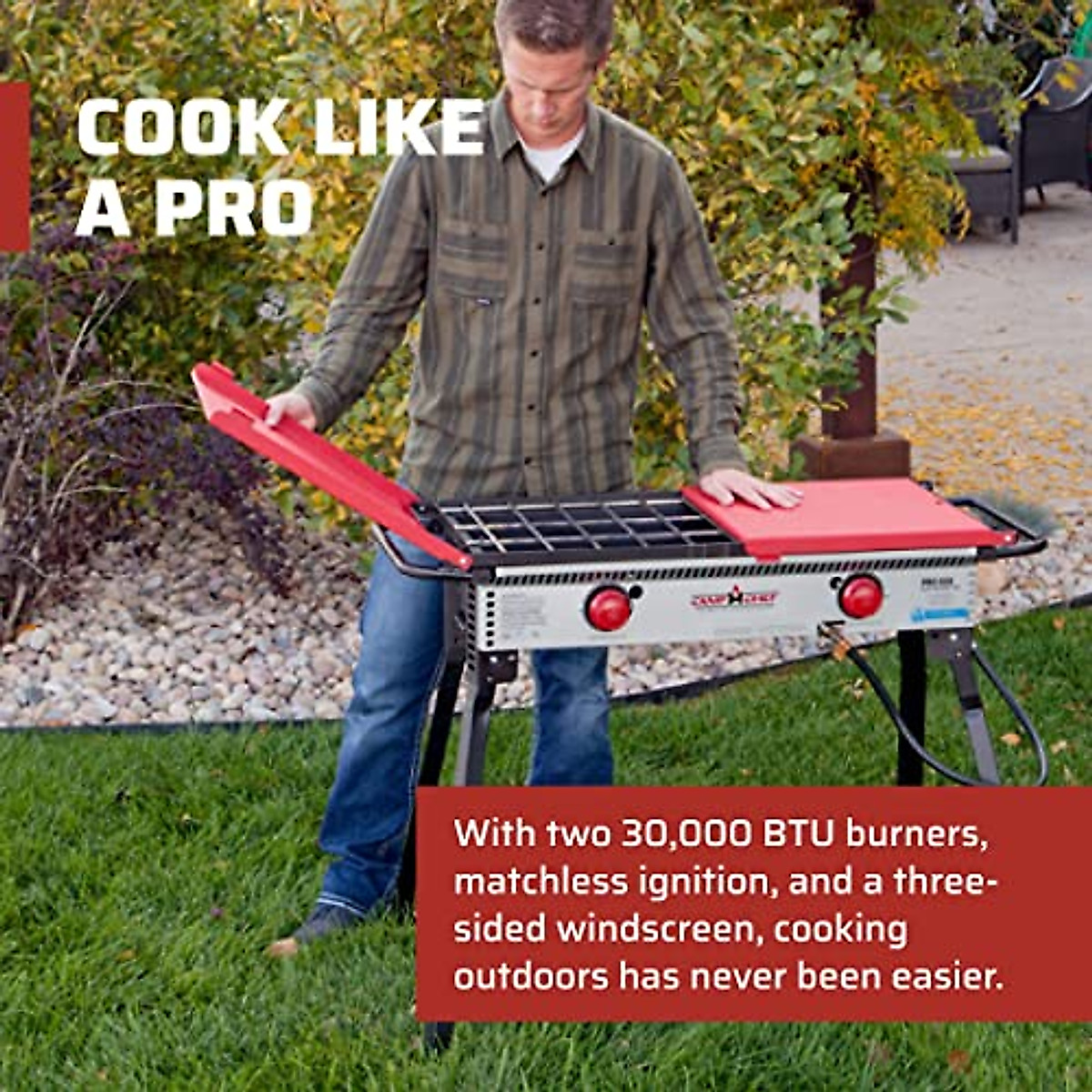 Camp Chef PRO60X Two Burner Stove, 30,000 BTU/Hr. Cast Aluminum Burners, Cooking Dimensions: 14 in. x 32 in