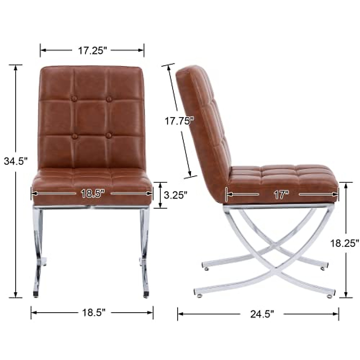 CIMOTA Modern Tufted Dining Chairs Set of 2 Upholstered Leather Dining Room Chairs Kitchen Chairs Comfy Armless Side Chairs with Chrome Metal X Legs for Dining Room/Living Room, PU Brown/2PCS