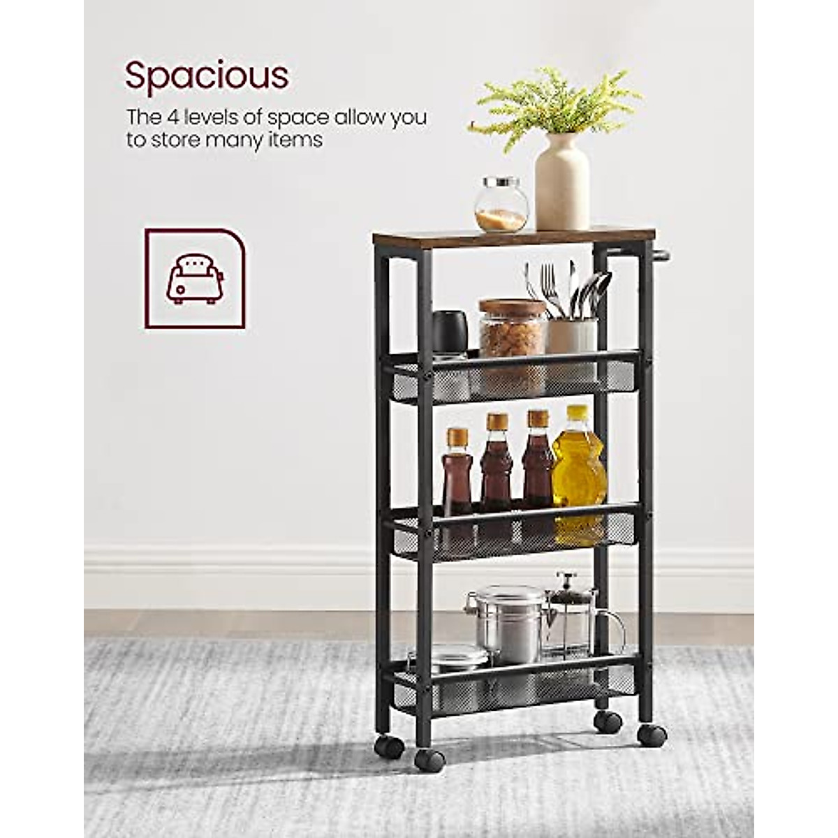 VASAGLE Slim Storage Cart, 4-Tier Rolling Cart Tower, Slide Out Cart with Handle Metal Mobile Shelving Unit for Kitchen Dining Living Room Office Narrow Places, Rustic Brown and Black ULRC032B01V1