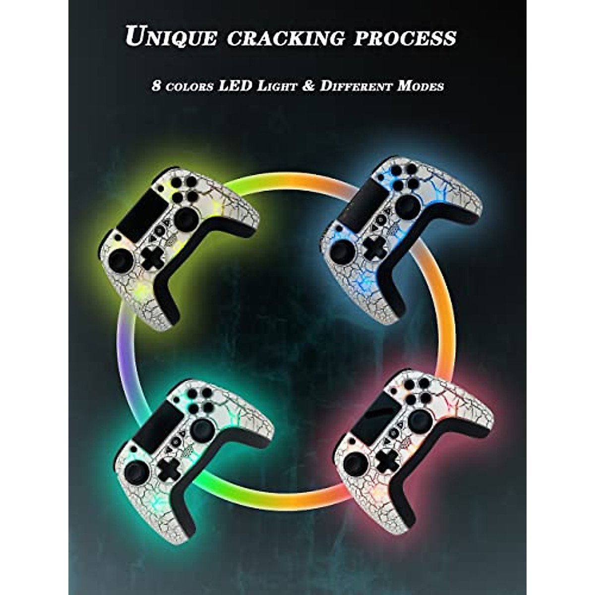 TEDBOX Wireless Controller for PS4, Wireless Remote Gamepad with Unique Cracked Design/8 Adjustable LED Colors/Programmable Back Buttons/Super Turbo/Dual Vibration, Widely Compatible with PS4/PC/iOS