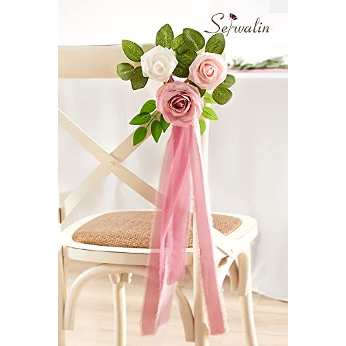 Serwalin Fringe Pink Chiffon Ribbon Silk Ribbon Set for Gift Wrapping 1.5" 6 Yd Fringe Frayed Edges Boho Wedding Ribbon Set for Bouquets Wrap,Wedding Invitations, Gifts Wrapping, Blush Pink