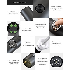L & H Household Electric Pepper Salt Grier, Adjustable Coarseness, Battery Powered with LED Light, One Ha 3D Pattern Push Buttun Operation, ABS Black-1PC, 55*50*180MM (KYMQ-14)
