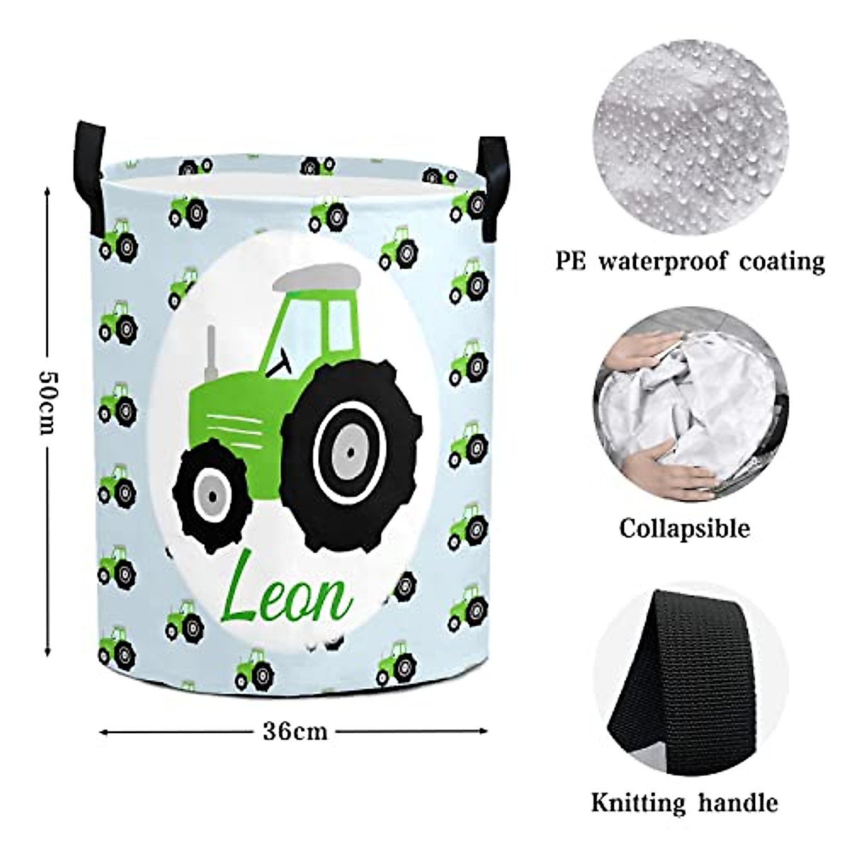 Custom Green Tractors Pattern Laundry Hamper Personalized Laundry Basket with Name Storage Basket with Handle for Bathroom Living Room Bedroom