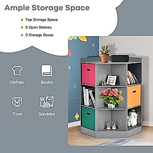 Costzon 9-Cubby Kids Bookcase with Extra Large Storage Baskets, Multi-Bin Children's Organizer Shelf with 6 Cubes and 3 Shelves, Wooden Storage Sideboard Suitable for Playroom, Decor Room (Gray)