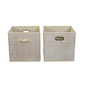 Household Essentials Fabric Storage Bins 2 Piece Set, Strong Poly-Woven Fabric, Sturdy Chipboard Sides, Grommet Front Handle, Stackable and Foldable, Classic Design, Tan Mix