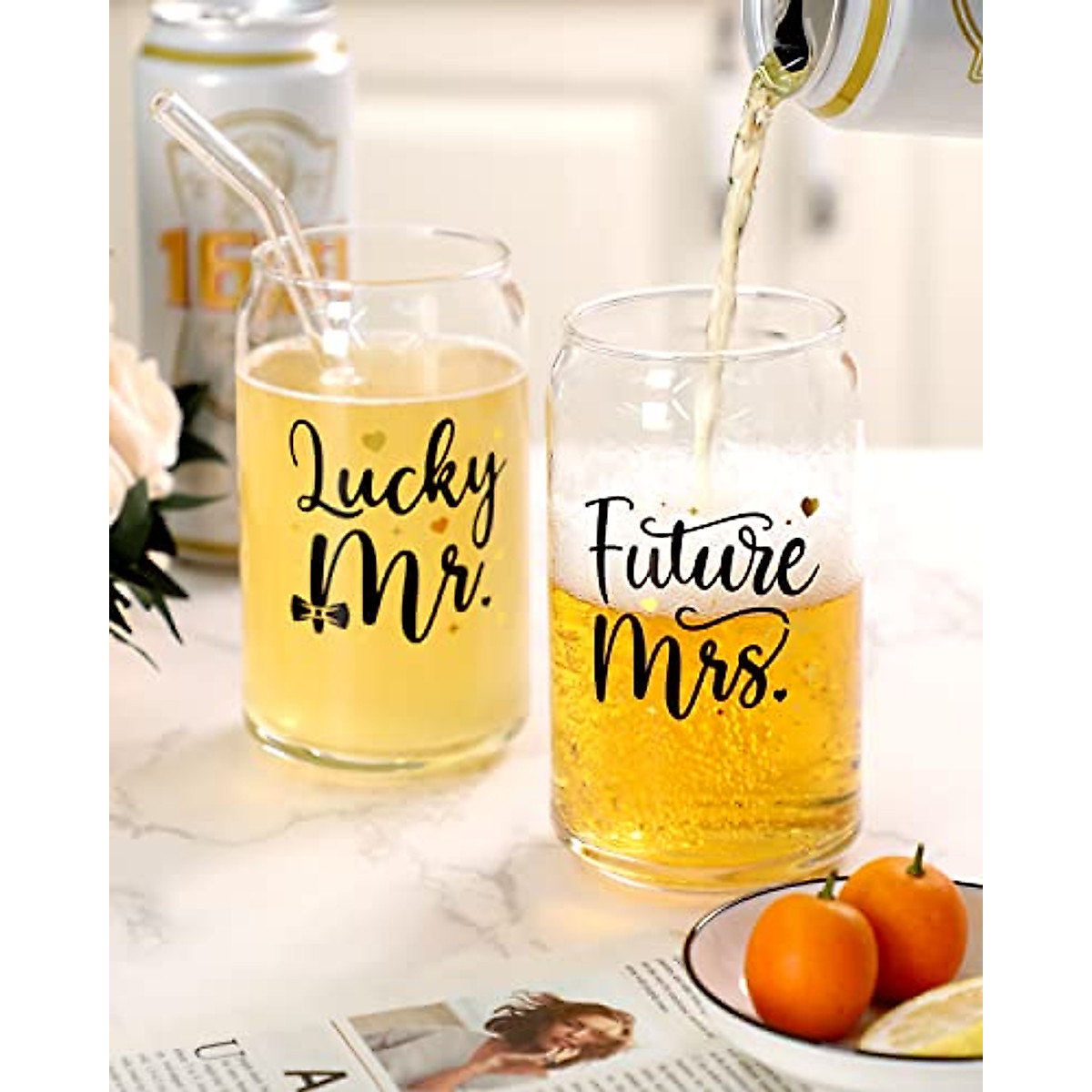 Nefelibata Future Mrs. Lucky Mr. Coffee Cups Beer Can Glasses Set of 2 Engagement Gifts Cup Wedding Bride Groom for Cocktail Juice Large 16 oz Drinking Glass Mason Jar For Couple Wife Husband Woman