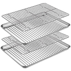 Baking Sheet with Wire Rack Set (2 Baking Pans + 2 Cooling Racks), CEKEE Stainless Steel Cookie Sheets for Baking Sheet Pan Tray, Jelly Roll Pan, Warp Resistant & Heavy Duty, Size 16 x 12 x 1 Inches