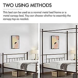 Topeakmart Bronze Four-Poster Canopy Metal Bed Frame with Headboard and Footboard Sturdy Slatted Structure No Box Spring Needed Queen Size