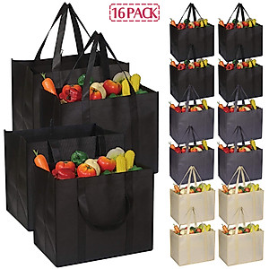 DIOMMELL 16 Pack Reusable Grocery Bags Large Foldable Heavy Duty Shopping Tote Produce Bag with Reinforced Handles for Groceries Clothes Vegetables Fruit, Black Gery Beige