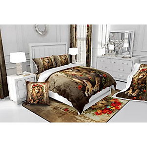 Castle Fairy Lion and Rose Bedding Set,Butterfly Flowers Duvet Cover for Kids Teens,Lions Pattern Comforter Cover Decorative Room,Wild Animals Quilt Cover with 2 Pillowcases,King Size(No Comforter)