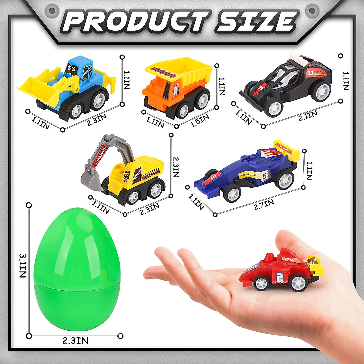 Easter Eggs Prefilled with 12 PCS Dinosaur Toys Figures, Colorful Easter Egg Fillers, Cake Toppers, Easter Basket Stuffers Toy Gifts Party Favor for Kids (Pull Back Cars)